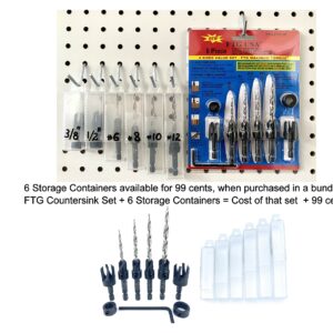 FTG USA Wood Countersink Drill Bit Set Sizes 6 8 10 12 Countersink Tapered Drill Bits, 2 Wood Plug Cutter 3/8" & 1/2" with 3 Replacement Bits #8 (11/64"), 2 Stop Collars, 1 Allen Wrench, Hex Shank