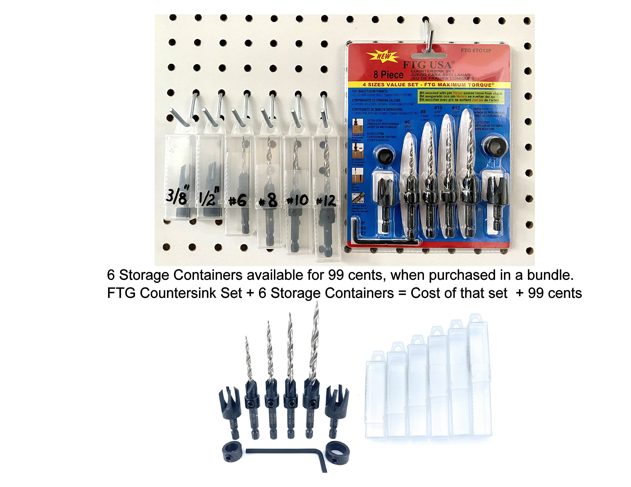 FTG USA Wood Countersink Drill Bit Set Sizes 6 8 10 12 Countersink Tapered Drill Bits, 2 Wood Plug Cutter 3/8" & 1/2" with 3 Replacement Bits #8 (11/64"), 2 Stop Collars, 1 Allen Wrench, Hex Shank