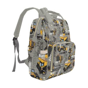 Construction Trucks Gray Personalized Diaper Backpack with Name,Custom Travel DayPack for Nappy Mommy Nursing Baby Bag One Size