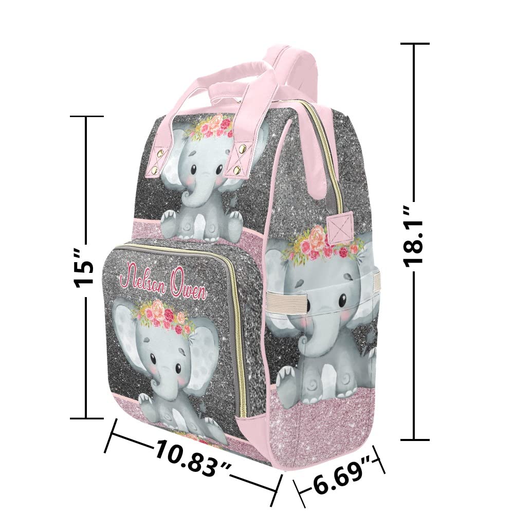 Girl Elephant Pink Gray Personalized Diaper Backpack with Name,Custom Travel DayPack for Nappy Mommy Nursing Baby Bag One Size