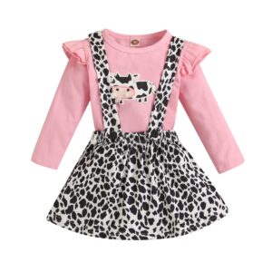 boebnozcv toddler baby girl ruffled long sleeve cow print shirts top + leopard suspender skirts overall dress clothes set (cow long sleeve,2-3t)