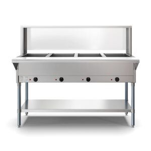 KoolMore 4-Pan Open Well Commercial Electric Stainless Steel Steam Table Food Warmer for Buffets with Sneeze Guard, Overshelf, Undershelf, Warming Control Knobs [120V] (KM-OWS-4SG), Silver