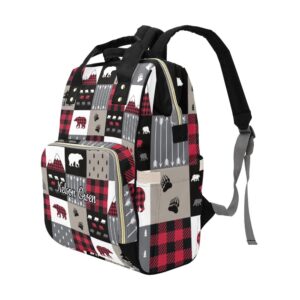 Plaid Bears Mountains Black Personalized Diaper Backpack with Name,Custom Travel DayPack for Nappy Mommy Nursing Baby Bag One Size