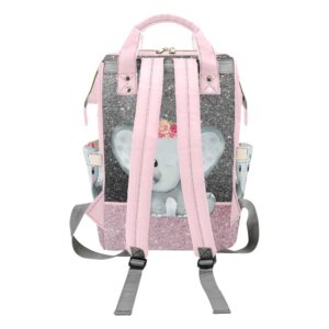 Girl Elephant Pink Gray Personalized Diaper Backpack with Name,Custom Travel DayPack for Nappy Mommy Nursing Baby Bag One Size