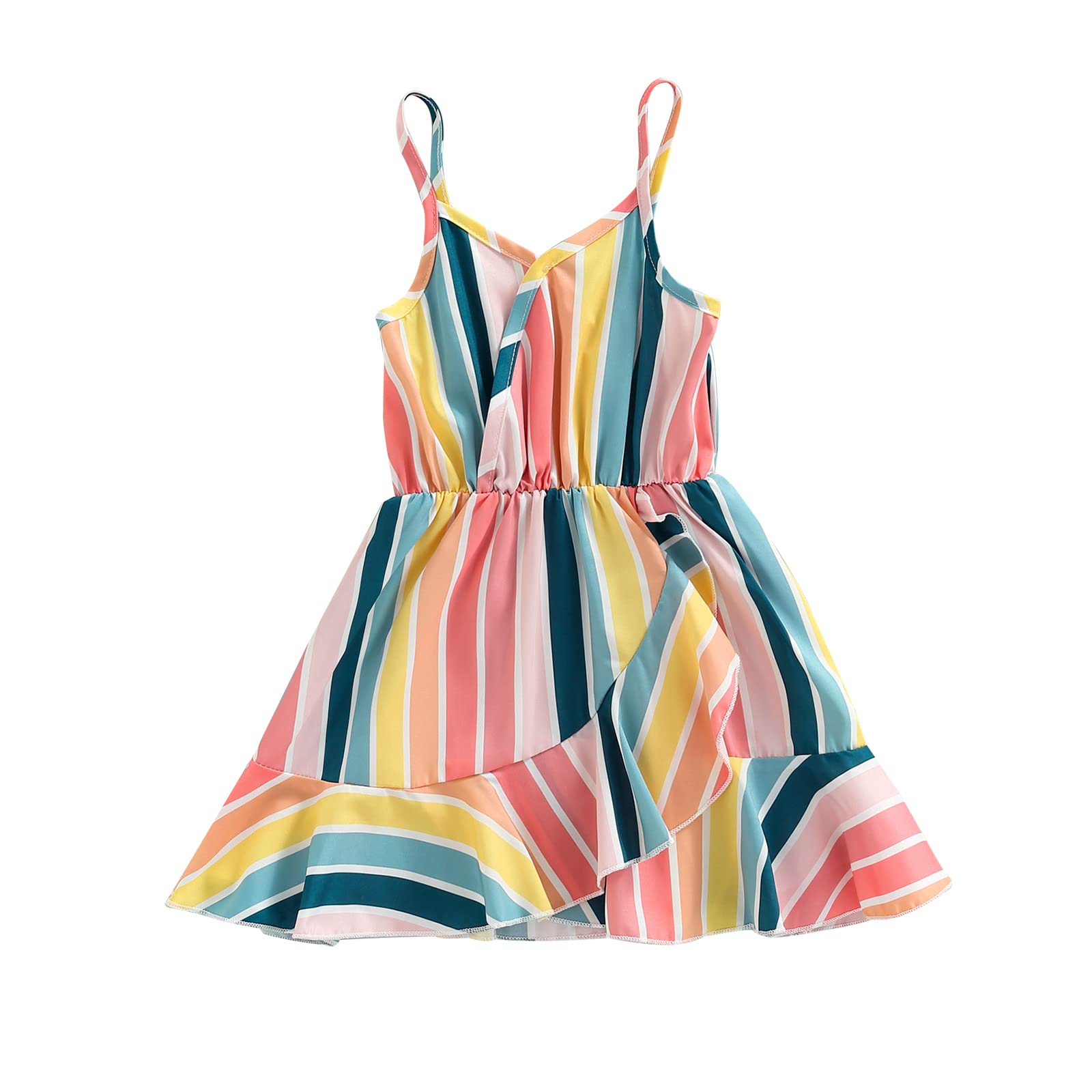 BemeyourBBs Toddler Baby Girl Summer Dress Spaghetti Strap Striped Ruffle Trim Beach Dresses(Striped Pink,4-5T)