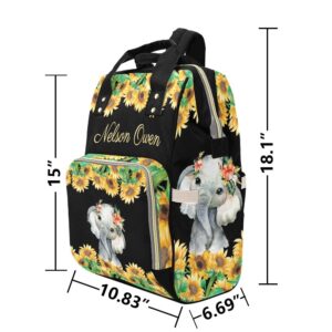 Sunflowers Black Elephant Personalized Diaper Backpack with Name,Custom Travel DayPack for Nappy Mommy Nursing Baby Bag One Size