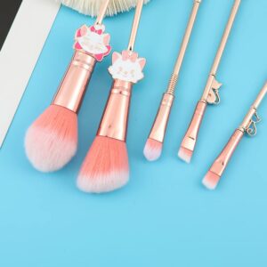 Marie Cartoon Cat Makeup Brushes - 5pcs Cute Animal Designed Soft Pink Makeup Brushes Set, Professional Cosmetic Tool Kit Pink Drawstring Bag Included for Girls and Women (6PCS)