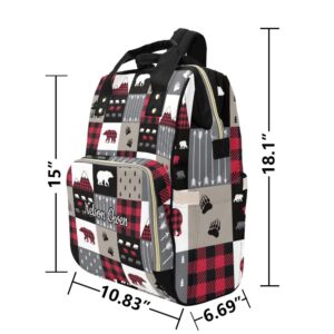 Plaid Bears Mountains Black Personalized Diaper Backpack with Name,Custom Travel DayPack for Nappy Mommy Nursing Baby Bag One Size