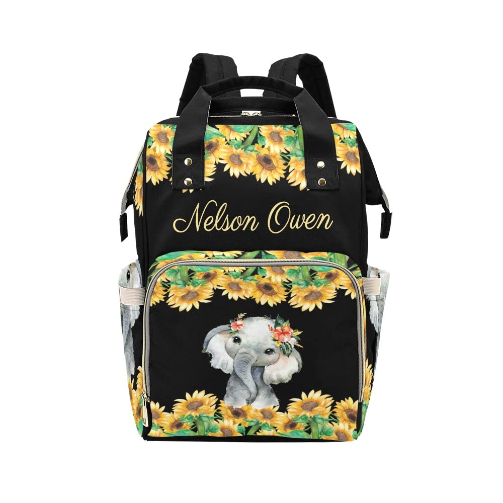 Sunflowers Black Elephant Personalized Diaper Backpack with Name,Custom Travel DayPack for Nappy Mommy Nursing Baby Bag One Size