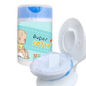 disposable potty chair liners with drawstring for universal potty training toilet seat, toddler portable outdoors travel toilet liners with super absorbent pad - 30 pack