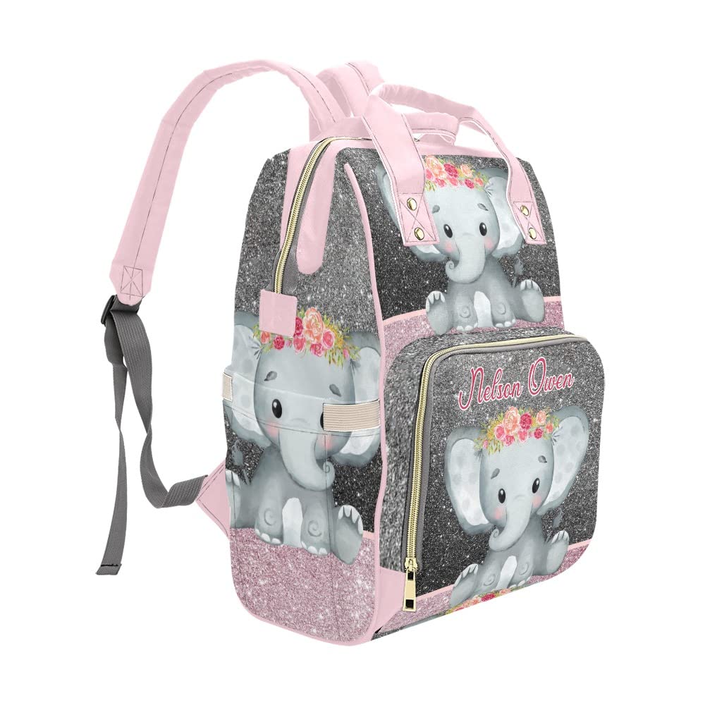 Girl Elephant Pink Gray Personalized Diaper Backpack with Name,Custom Travel DayPack for Nappy Mommy Nursing Baby Bag One Size