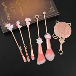 Marie Cartoon Cat Makeup Brushes - 5pcs Cute Animal Designed Soft Pink Makeup Brushes Set, Professional Cosmetic Tool Kit Pink Drawstring Bag Included for Girls and Women (6PCS)