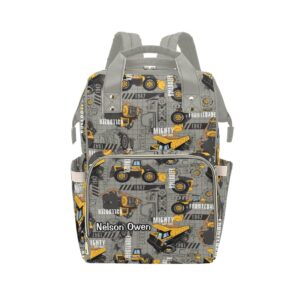 construction trucks gray personalized diaper backpack with name,custom travel daypack for nappy mommy nursing baby bag one size