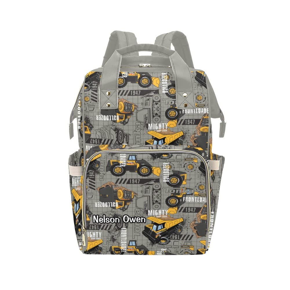 Construction Trucks Gray Personalized Diaper Backpack with Name,Custom Travel DayPack for Nappy Mommy Nursing Baby Bag One Size