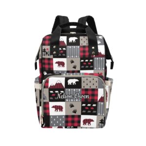 plaid bears mountains black personalized diaper backpack with name,custom travel daypack for nappy mommy nursing baby bag one size