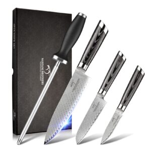 nanfang brothers damascus knife set 4 pcs, japanese knife set, chefs knife sets professional, kitchen knife set, 8" chef knife, 5" santoku knife, 3.5" paring knife and sharpener