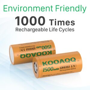 KOOAQQ 2X Rechargeable 18350 3.7V 10A Batteries, [1500mAh] New Version High Capacity Drain Li-ion IMR Rechargeable Lithium Battery