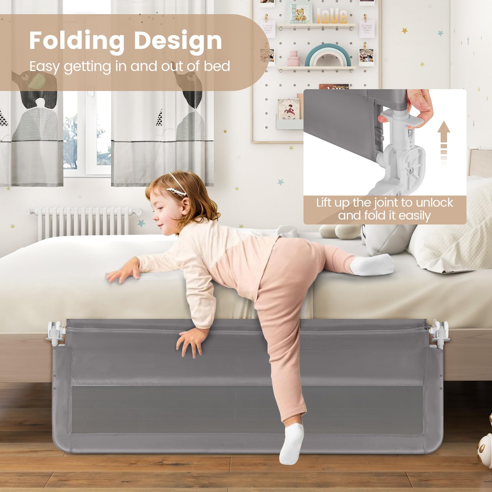 HONEY JOY Bed Rail for Toddlers, 59-in Extra Long, Portable Safety Bed Guardrail w/Double Safety Child Lock, Foldable Baby Bed Rail Guard, Fit King & Queen Full Twin Size Bed Mattress (2 Pack, Gray)