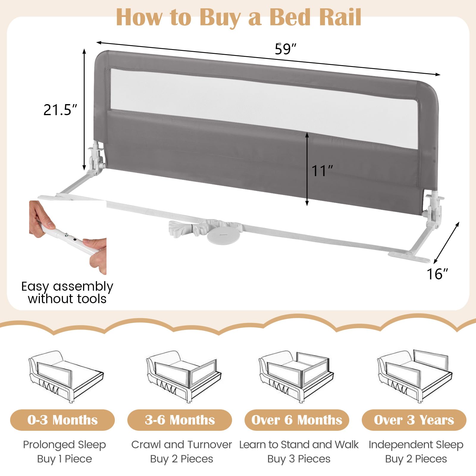 HONEY JOY Bed Rail for Toddlers, 59-in Extra Long, Portable Safety Bed Guardrail w/Double Safety Child Lock, Foldable Baby Bed Rail Guard, Fit King & Queen Full Twin Size Bed Mattress (2 Pack, Gray)