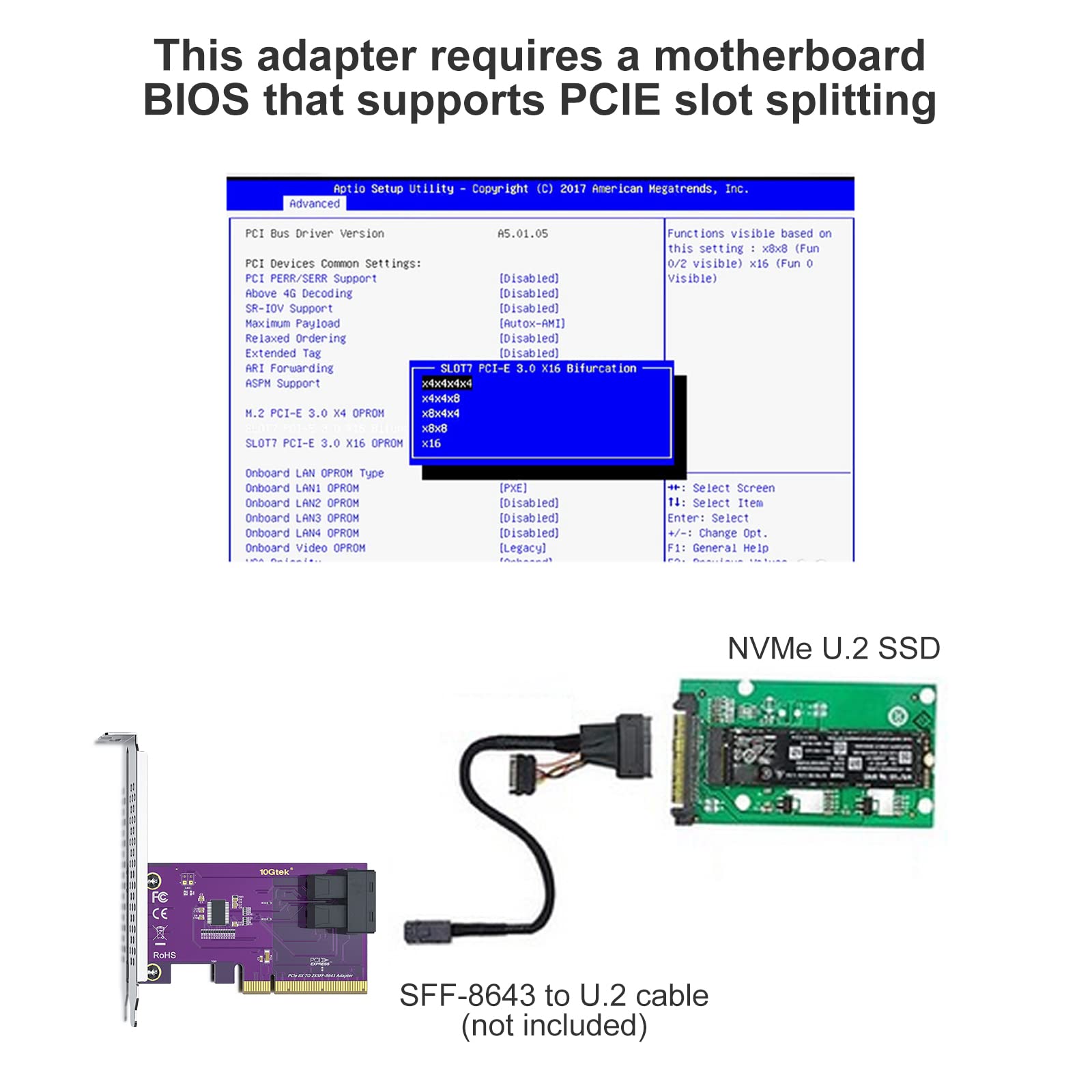 PCIe to SFF-8643 Adapter for U.2 SSD, X8, (2) SFF-8643. Support Windows 10/2016/2019, REHL/Cent0S 7/8, VMware ESXi 6/7, Ubuntu Linux 18/20/21, etc.