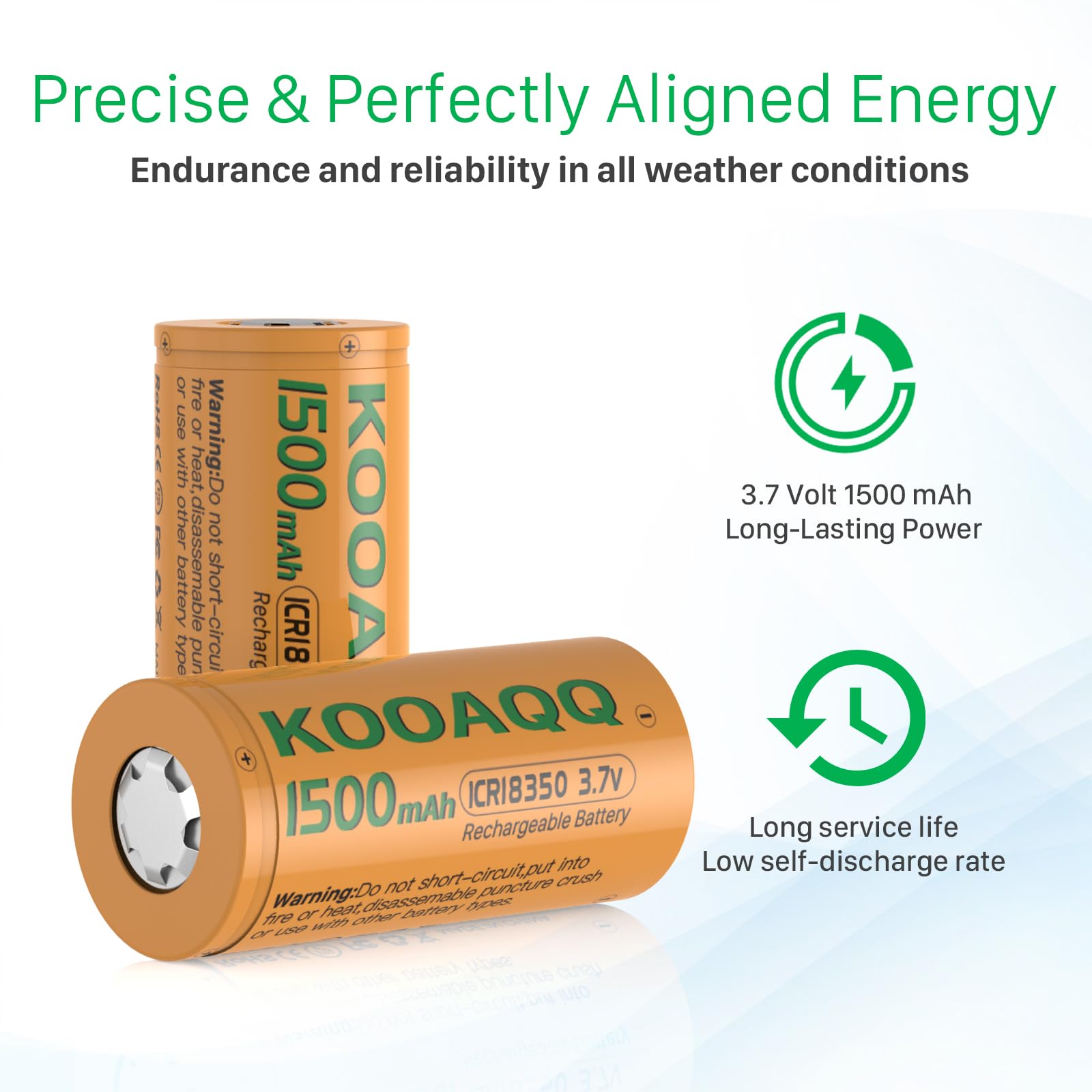 KOOAQQ 2X Rechargeable 18350 3.7V 10A Batteries, [1500mAh] New Version High Capacity Drain Li-ion IMR Rechargeable Lithium Battery