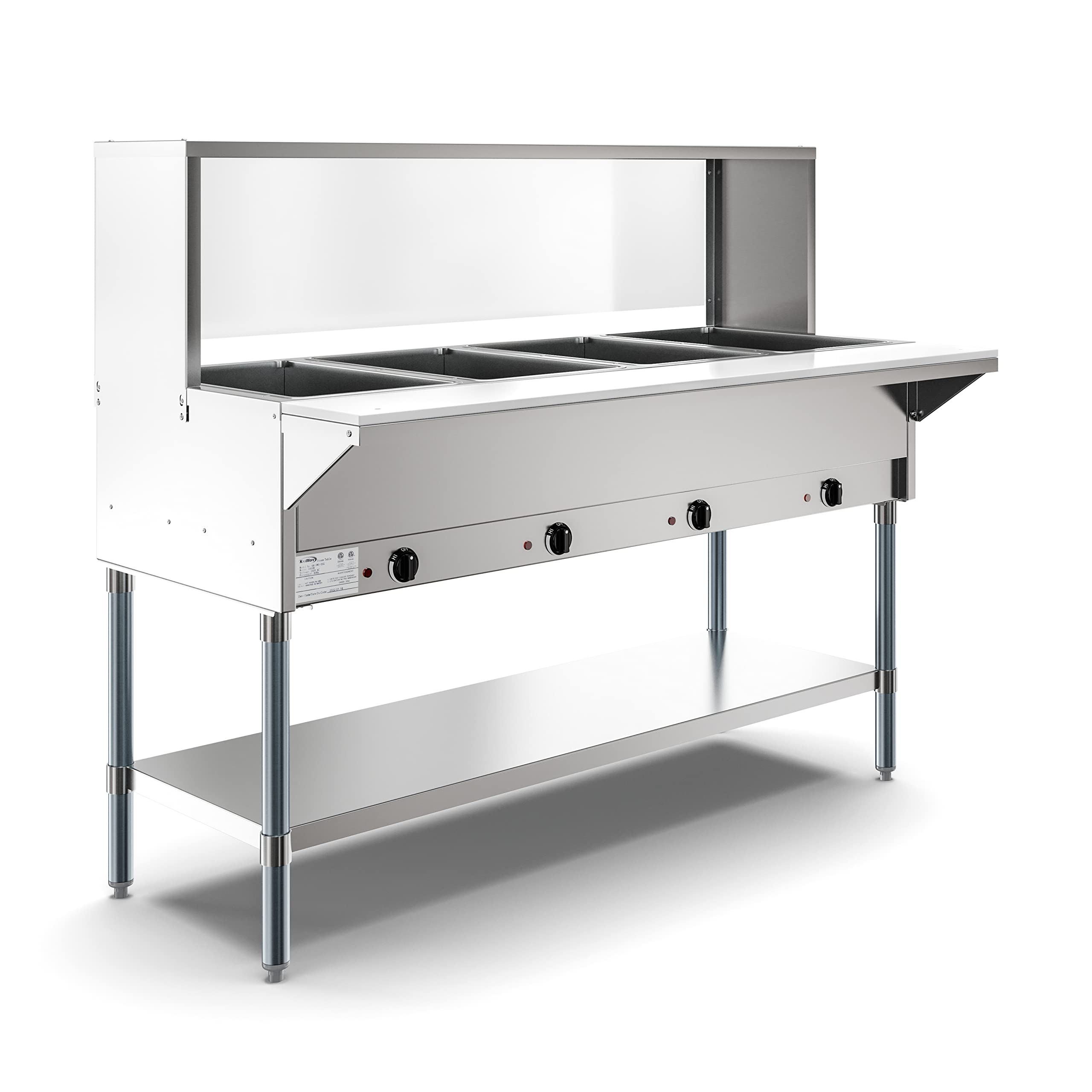 KoolMore 4-Pan Open Well Commercial Electric Stainless Steel Steam Table Food Warmer for Buffets with Sneeze Guard, Overshelf, Undershelf, Warming Control Knobs [120V] (KM-OWS-4SG), Silver