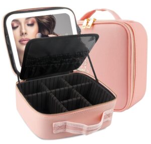 momira makeup train case with light & mirror large cosmetic organizer with adjustable dividers for cosmetics,10x magnifying makeup mirror,pink