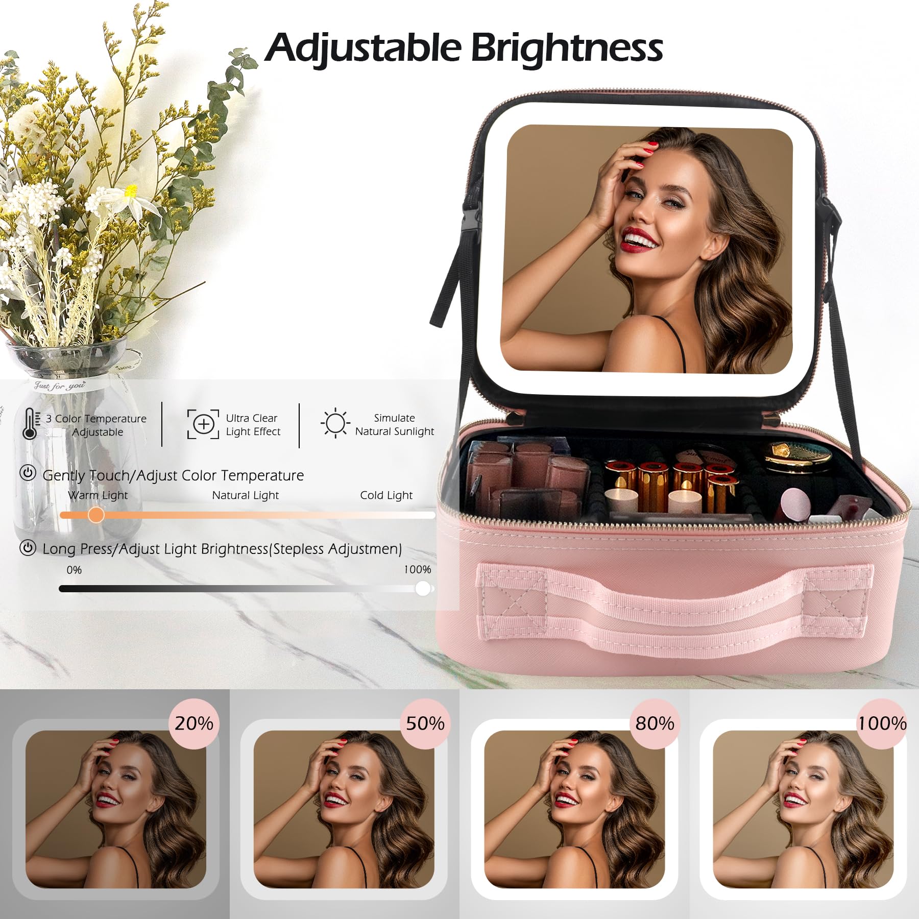 MOMIRA Makeup Train Case with Light & Mirror Large Cosmetic Organizer with Adjustable Dividers for Cosmetics,10X Magnifying Makeup Mirror,Pink