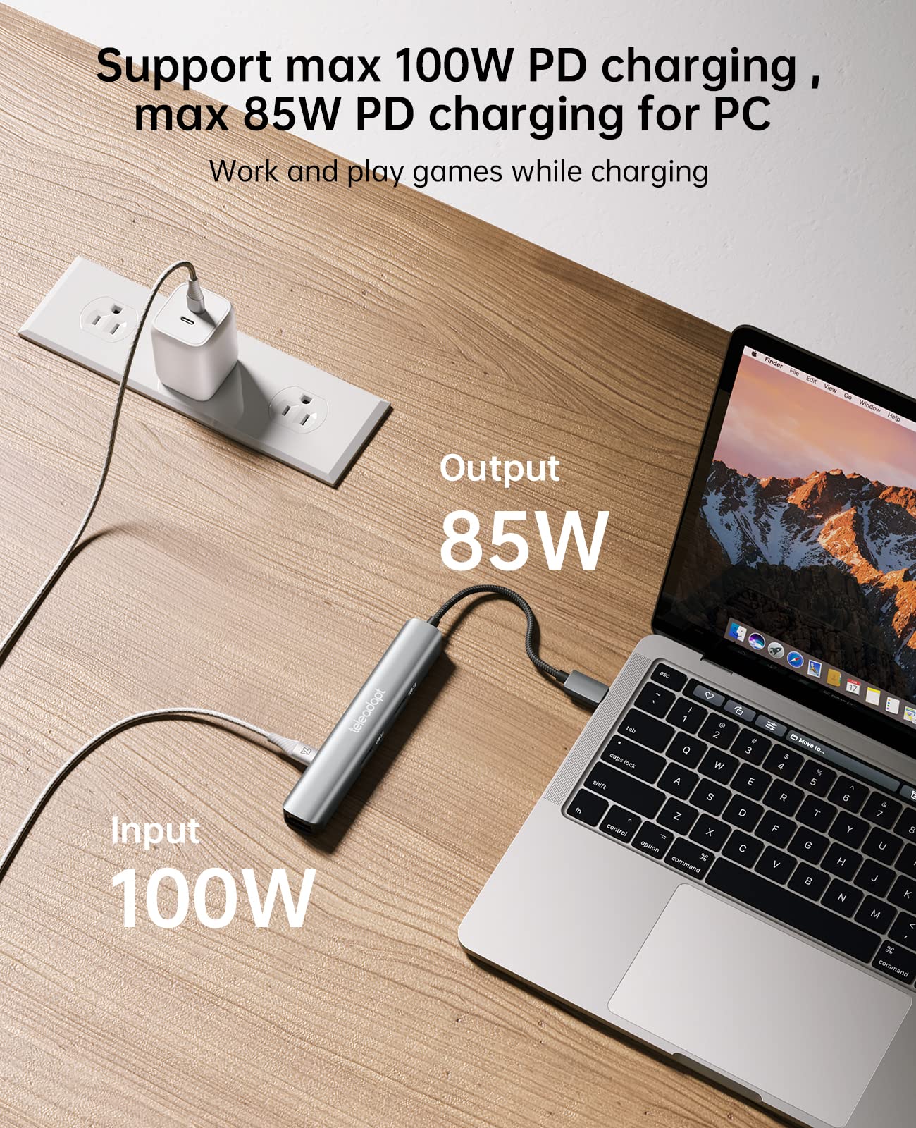 Teleadapt USB Type C Hub, 6-in-1 USB C HDMI Adapter with Ethernet, 5Gbps USB Type-C Data, 2 USB 3.0, USB Hub Power Delivery 100W Ideal for MacBook Pro/Air, iPad Pro, Dell XPS