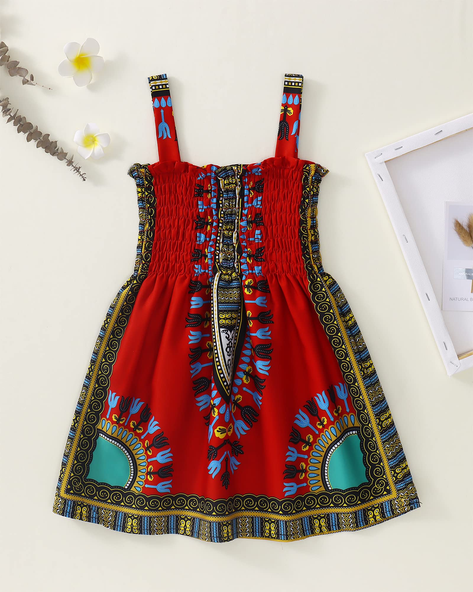 Kids Toddler Girls African Dress Dashiki Ankara Outfit Sleeveless Sling Smocked Dress Boho Baby Girl Clothes (5-6X, red)