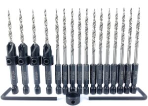 ftg usa countersink drill bit set 4 piece same size #6 (9/64") countersink drill bit with 12 replacement tapered countersink bits #6 (9/64") 1 depth stop collar, 2 hex wrench