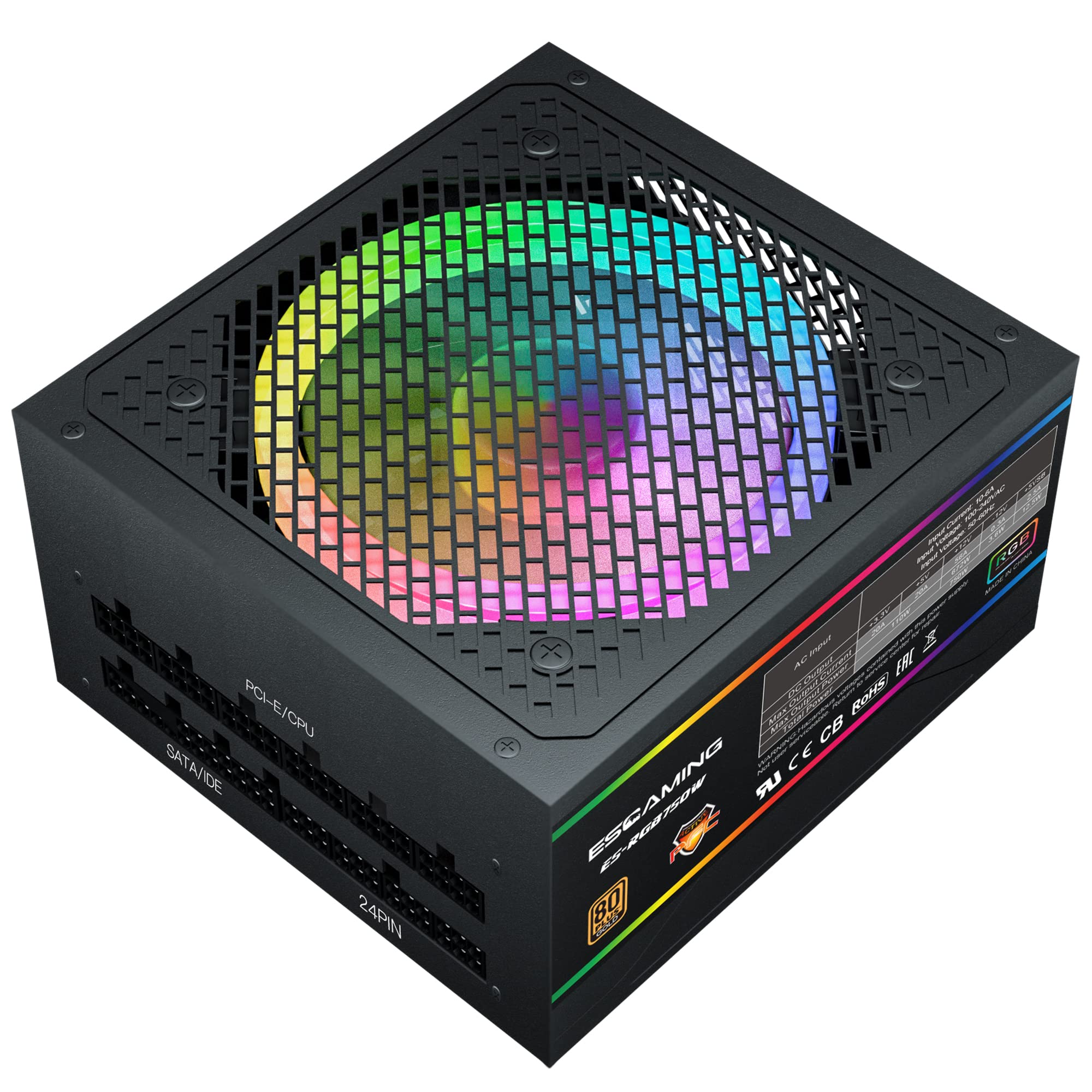 Power Supply APFC 750W RGB, 80 Plus Gold ATX Computer Gaming Power Supply Certified PSU with ARGB Light, 120mm Silent RGB Fan, 5 Year Warranty