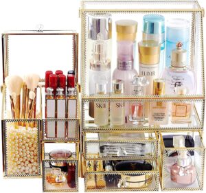 conhenci large glass makeup organizer drawer set beauty storage bathroom counter organizer cosmetic display (11.5inx8.5inx5.5in)