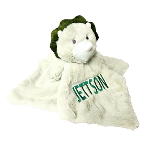 SONA G DESIGNS Custom Personalized Dinosaur Lovey Lovie Security Blanket with Rattle (Green Dino with Embroidered Name)