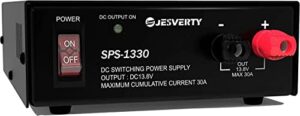 jesverty universal compact bench power supply - 30 amp regulated home lab benchtop ac-to-dc converter for cb/ham/amateur radio with 13.8v fixed outputscrew-type terminals, cooling fan - sps-1330