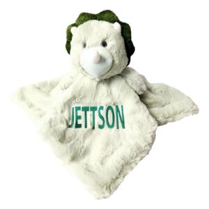 SONA G DESIGNS Custom Personalized Dinosaur Lovey Lovie Security Blanket with Rattle (Green Dino with Embroidered Name)