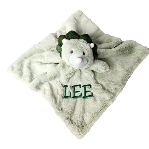 SONA G DESIGNS Custom Personalized Dinosaur Lovey Lovie Security Blanket with Rattle (Green Dino with Embroidered Name)