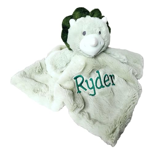 SONA G DESIGNS Custom Personalized Dinosaur Lovey Lovie Security Blanket with Rattle (Green Dino with Embroidered Name)