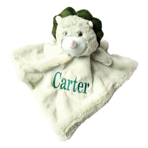 SONA G DESIGNS Custom Personalized Dinosaur Lovey Lovie Security Blanket with Rattle (Green Dino with Embroidered Name)