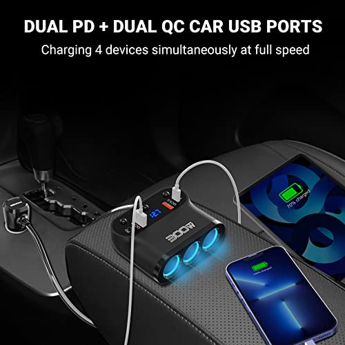 Cigarette Lighter Splitter Adapter 300W: Car 12v Splitter 3 Socket Car Charger Extension Dual PD USB C and 18W QC Ports 12Volt Power Outlet with Button Switch LED Voltmeter for GPS Dash Cam Car Heater