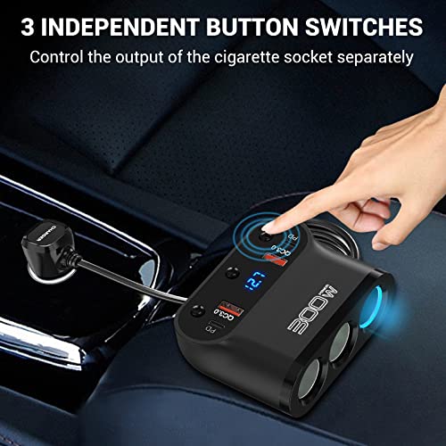 Cigarette Lighter Splitter Adapter 300W: Car 12v Splitter 3 Socket Car Charger Extension Dual PD USB C and 18W QC Ports 12Volt Power Outlet with Button Switch LED Voltmeter for GPS Dash Cam Car Heater