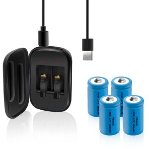 topusse rechargeable 3.7v 14250 battery with charger, 4 pack lithium ion 1/2 aa size batteries can replace 3.6 volt ls 14250, er14250, 3v cr14250 battery for laser