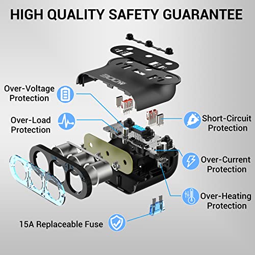 Cigarette Lighter Splitter Adapter 300W: Car 12v Splitter 3 Socket Car Charger Extension Dual PD USB C and 18W QC Ports 12Volt Power Outlet with Button Switch LED Voltmeter for GPS Dash Cam Car Heater