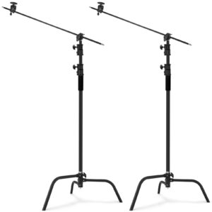 soonpho 2 pack 100% heavy-duty steel c-stand, pro photography light stand with 3.5'/108cm extension arm, grip head, turtle base for studio monolight, softbox, reflector, max height 10'/305cm – black