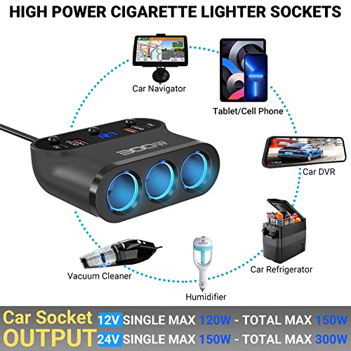 Cigarette Lighter Splitter Adapter 300W: Car 12v Splitter 3 Socket Car Charger Extension Dual PD USB C and 18W QC Ports 12Volt Power Outlet with Button Switch LED Voltmeter for GPS Dash Cam Car Heater