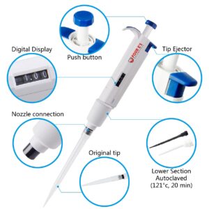 FOUR E'S SCIENTIFIC 1-5ml Single-Channel Micropipette with 5ml Pipette Tips 1 Rack 24 Tips