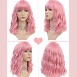 Ariqutba 14 Inch Pink Wigs for Women Pastel Synthetic Wavy Wig with Bangs Glueless Loose Curly Wig Shoulder Length Cosplay Bob Wig for Girls Daily Party Use Colorful Wigs