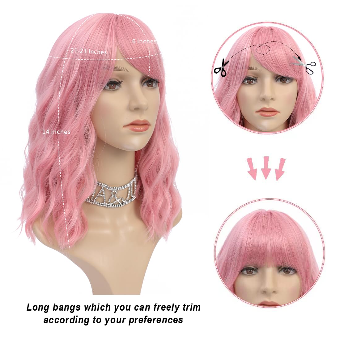 Ariqutba 14 Inch Pink Wigs for Women Pastel Synthetic Wavy Wig with Bangs Glueless Loose Curly Wig Shoulder Length Cosplay Bob Wig for Girls Daily Party Use Colorful Wigs