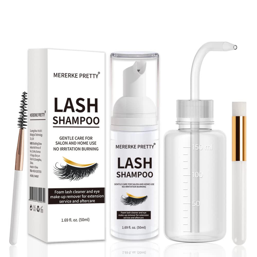 Eyelash Extension Cleanser 50 ml + Brushes + Rinse Bottle Eyelid Foaming Cleanser, Lash Foam Shampoo for Extensions and Natural Lashes, Makeup Remover For Salon and Home Use