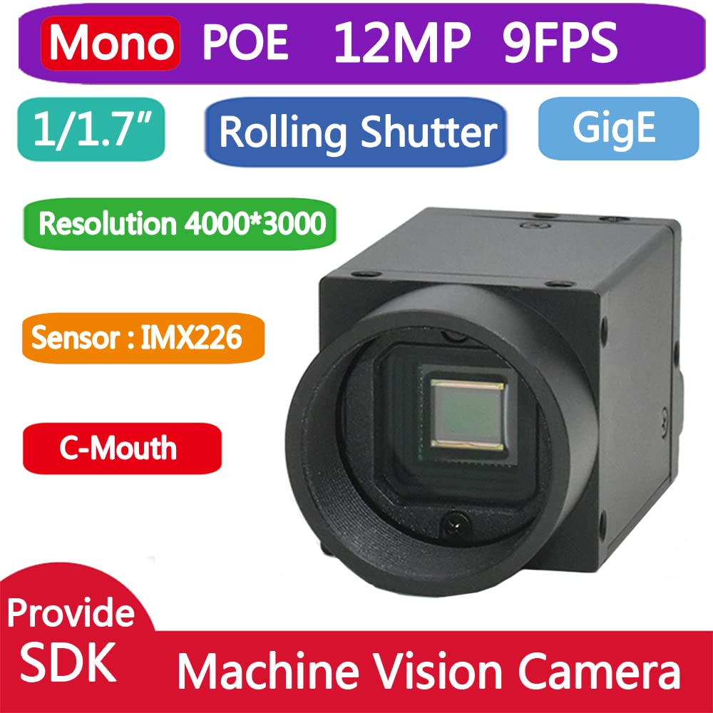 HTENG VISHI Gigabit GigE Ethernet 12MP 1/1.7" Monochrome Rolling Shutter Industrial Camera Machine Vision C Mouth Camera 4000X3000 9FPS Indoor